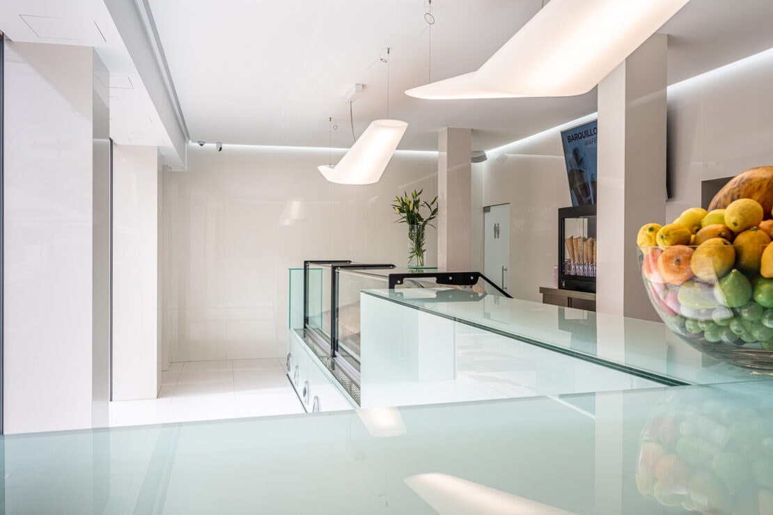 Dekton Halo transforms an ice cream parlour into a lab-like space - Cosentino Malaysia