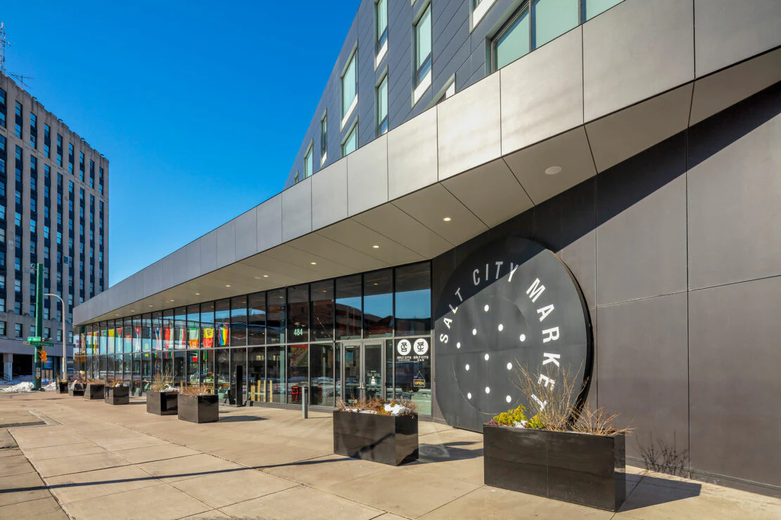 Dekton Domoos adorns the facade of the mixed-use Salt City Market ...