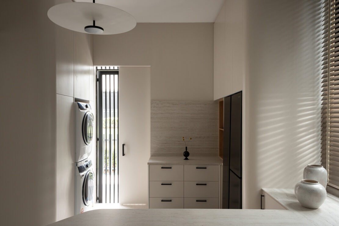 This serene kitchen enjoys all the beauty of Italian natural stone ...