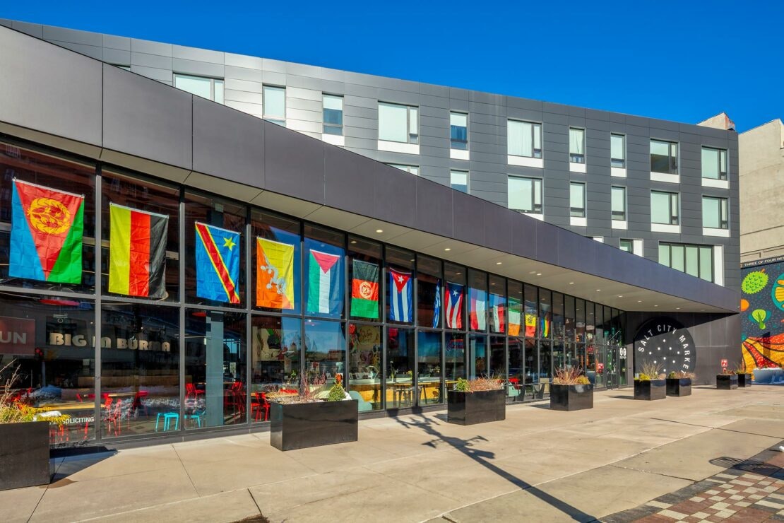 Dekton Domoos adorns the facade of the mixed-use Salt City Market ...