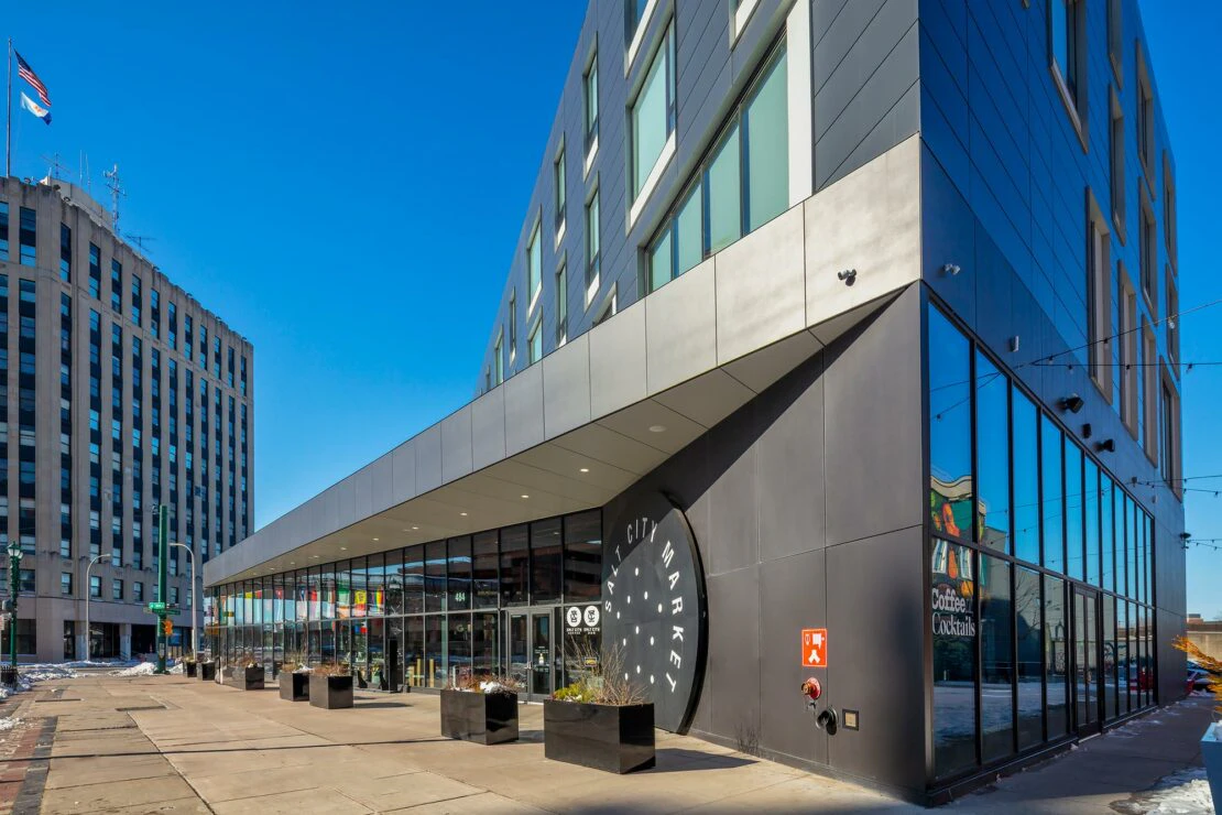 Dekton Domoos adorns the facade of the mixed-use Salt City Market ...